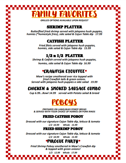 Restaurant Menu | The Cajun Table